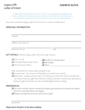 Fillable Online Legacy Gift Letter of Intent ADDRESS BLOCK Fax Email ...