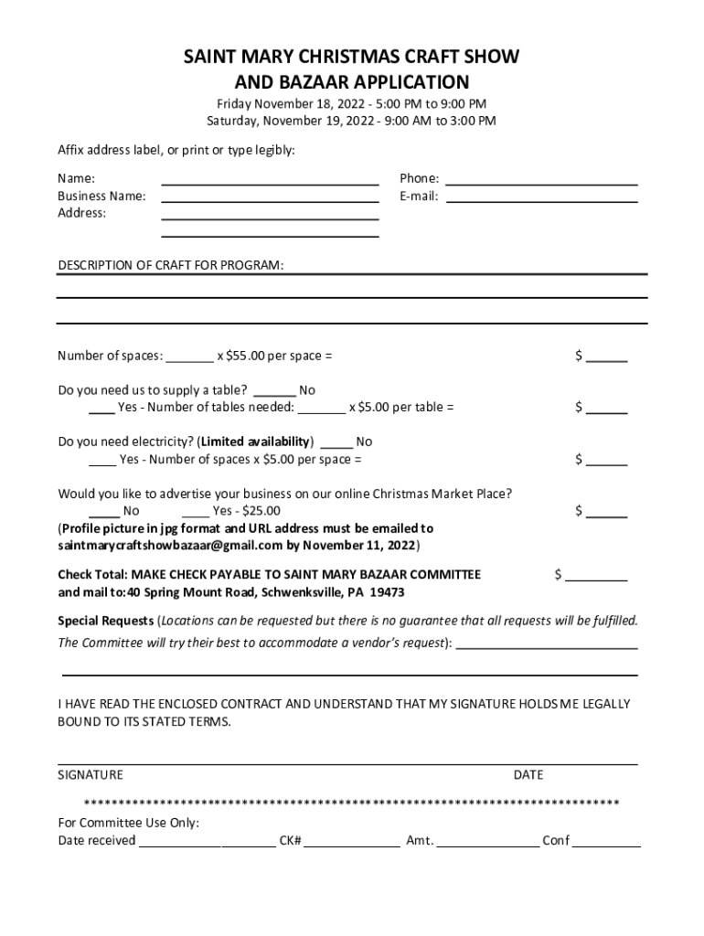 Fillable Online Saint Mary Parish Christmas Craft Show and Bazaar ...