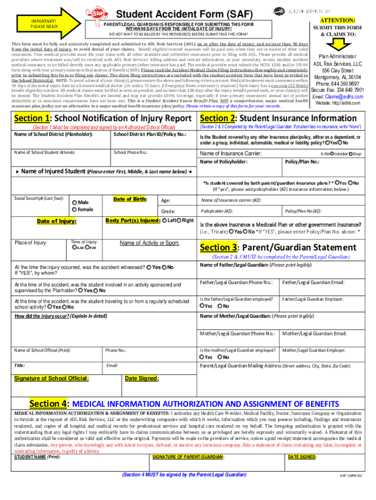 Fillable Online Student Accident Form (SAF) Section 1: School ...