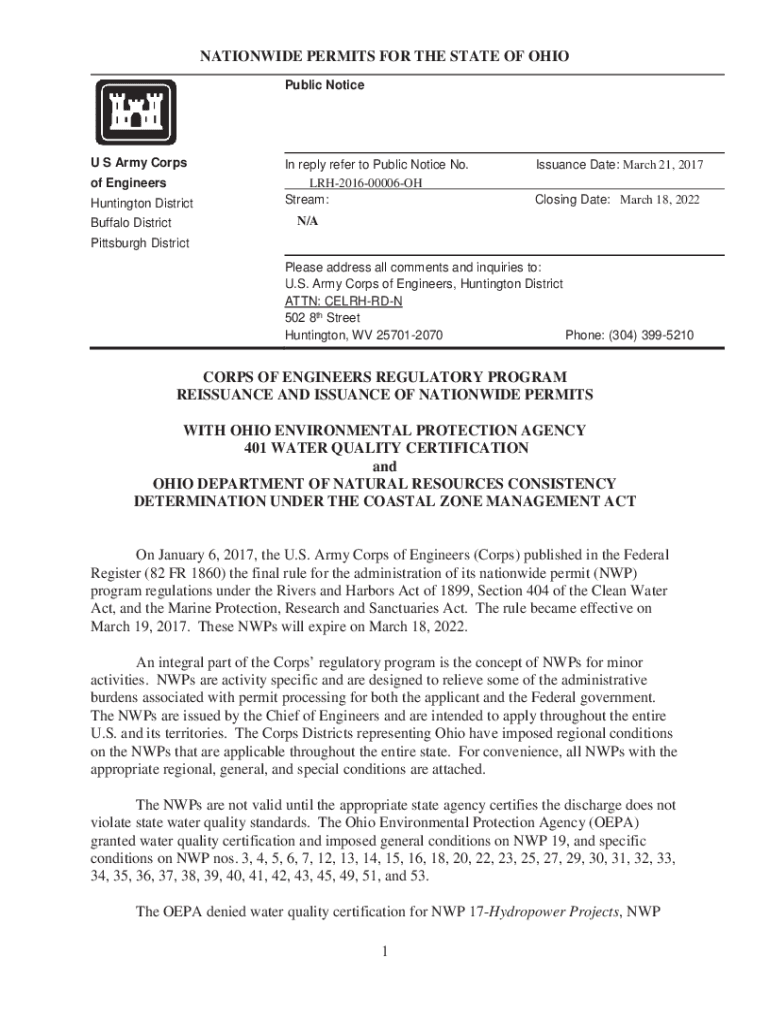 Fillable Online special notice for nationwide permits ohio - Huntington ...