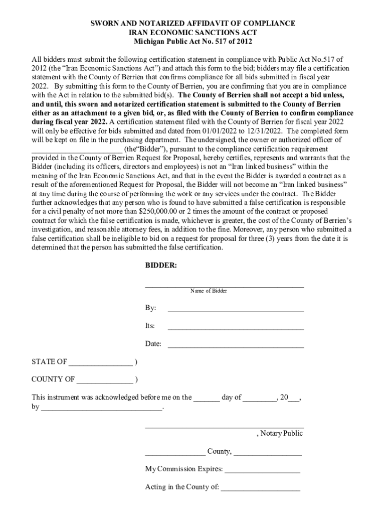 Fillable Online SWORN AND NOTARIZED AFFIDAVIT OF COMPLIANCE IRAN ...