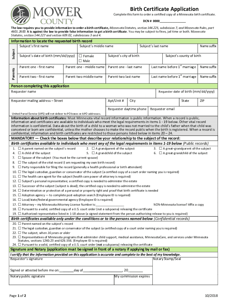 Fillable Online Birth Certificate Application - Mower County Fax Email Print - pdfFiller