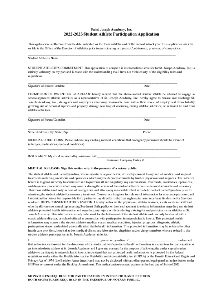 Fillable Online Student Athlete Participation Application Fax Email ...