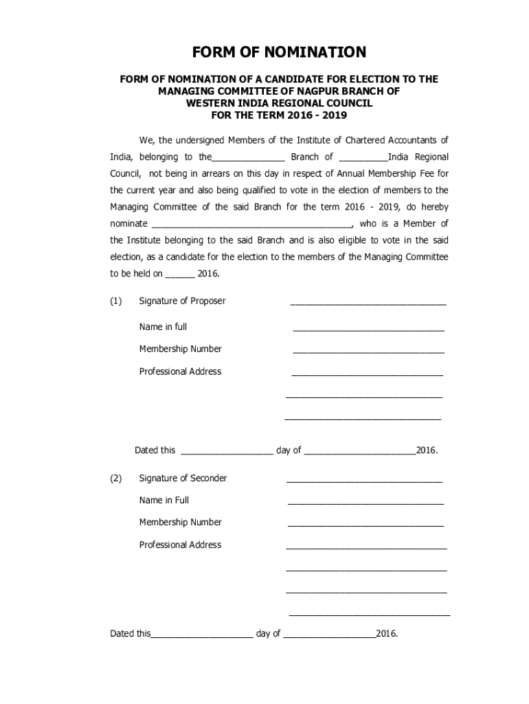 Fillable Online FORM OF NOMINATION - ICAI Nagpur Branch Fax Email Print ...