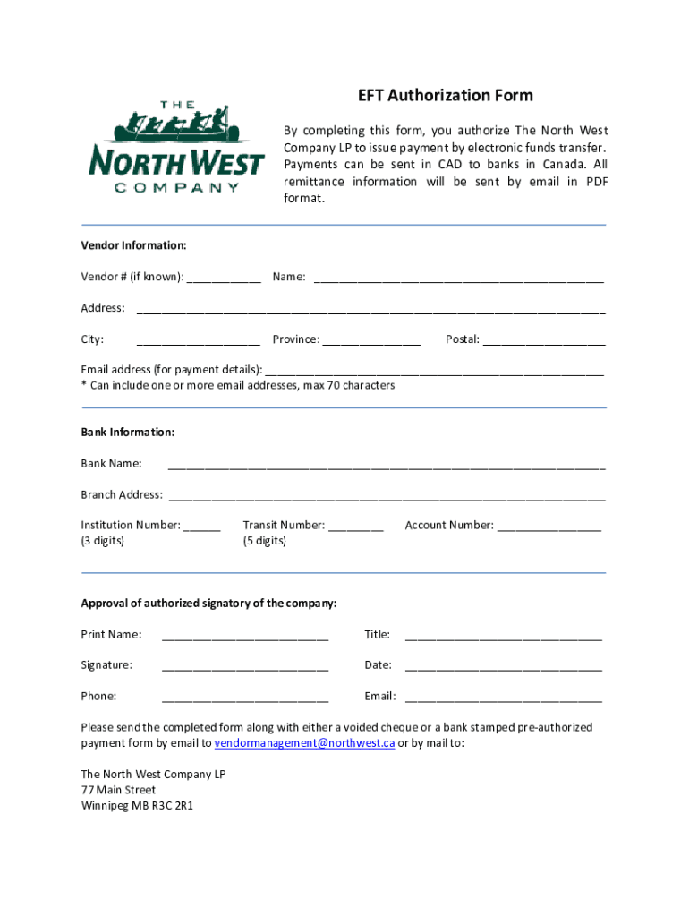 Fillable Online EFT/ACH Authorization Form - The North West Company Fax Email Print - pdfFiller