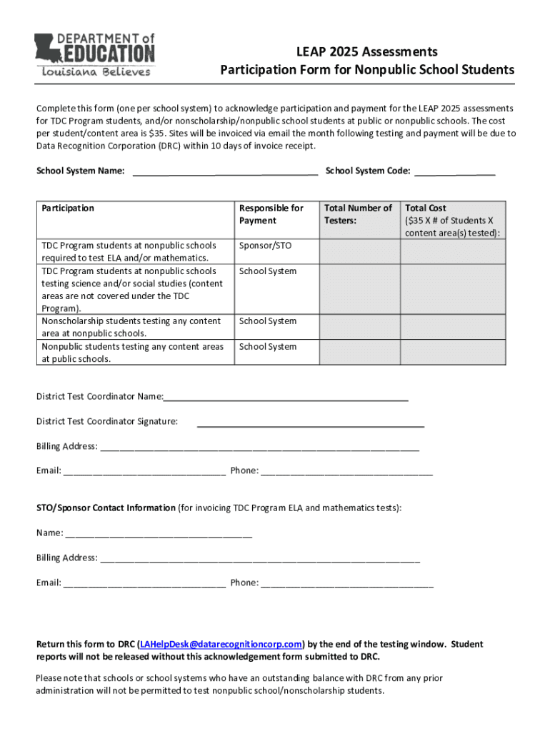 Fillable Online assessments-participation-form-for-nonpublic-school ...