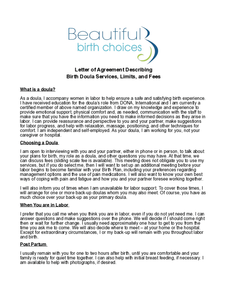 Fillable Online Letter of Agreement Describing Birth Doula Support ...