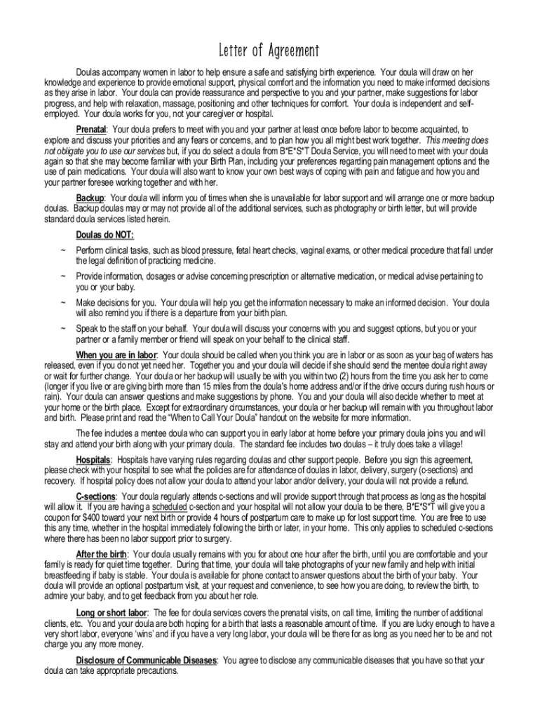 Fillable Online Letter of Agreement Describing Doula - Beautiful Birth ...