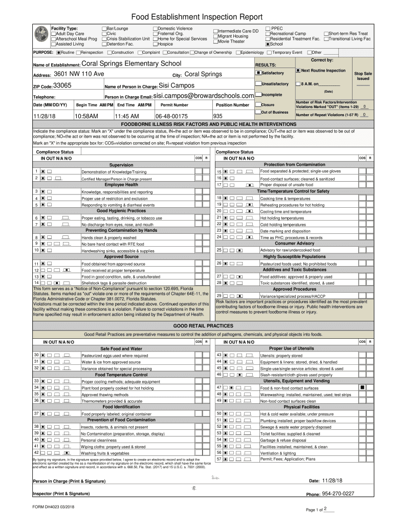 Fillable Online Food Establishment Inspection Report - Duval County ...