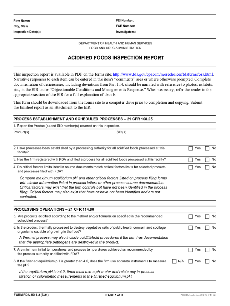 Fillable Online FORM FDA 3511-2 - Acidified Foods Inspection Report Fax ...