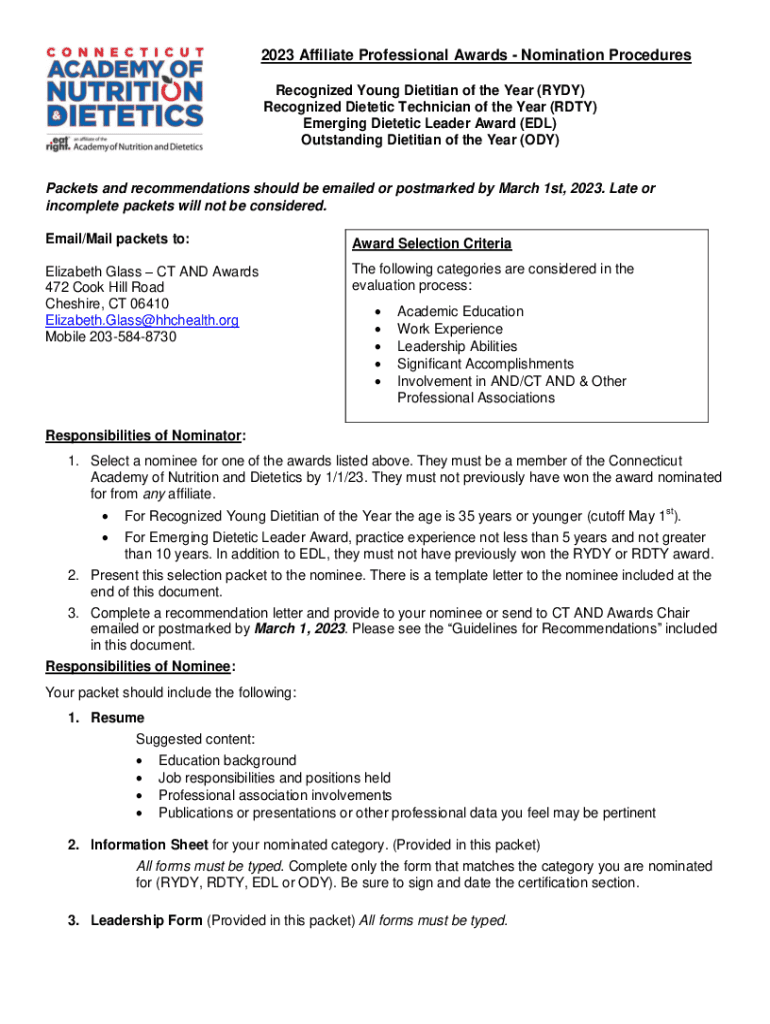 Fillable Online Awards and FAND RecognitionFlorida Academy of Nutrition ...