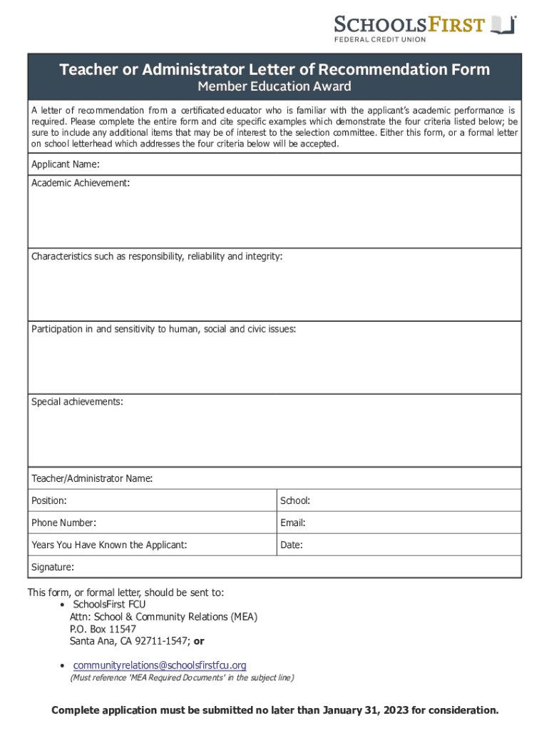 Fillable Online Teacher or Administrator Letter of Recommendation Form ...