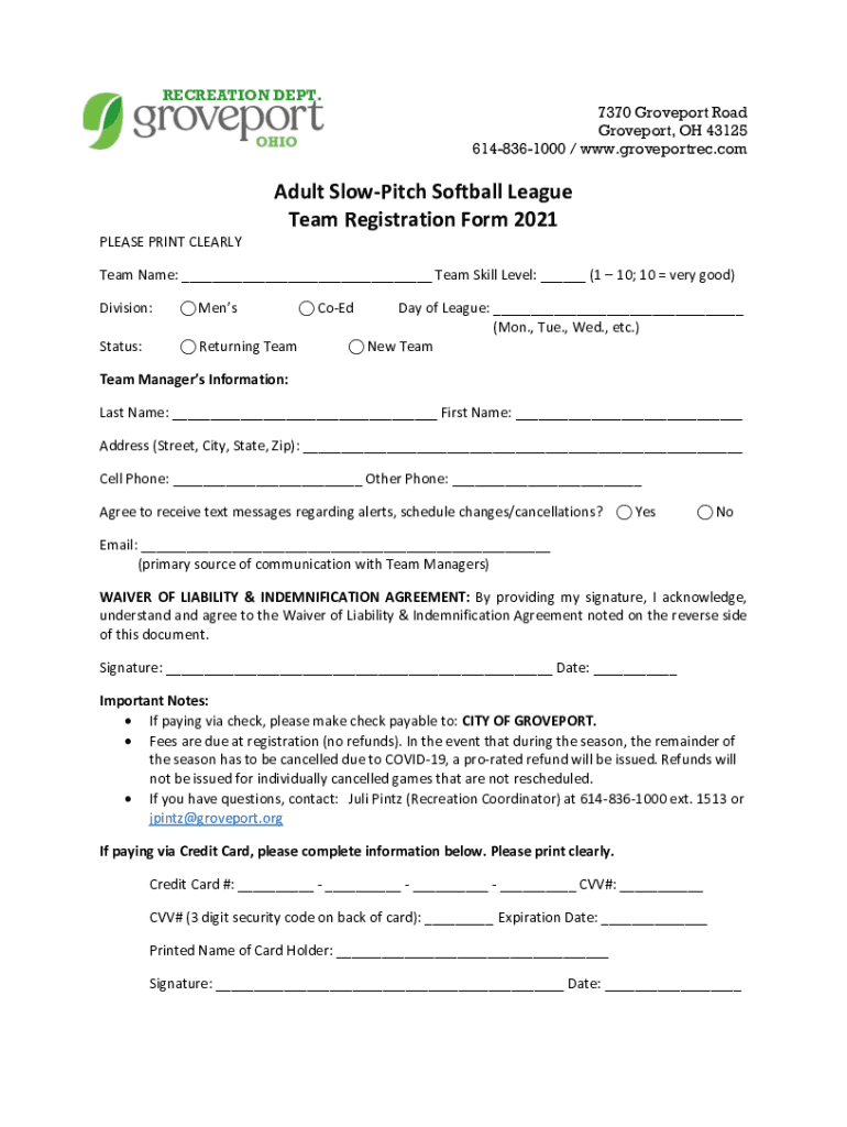 Fillable Online Adult Slow-Pitch Softball League Team Registration Form ...