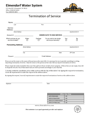 Fillable Online Elmendorf Water System Termination of Service Fax Email ...