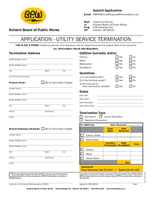 Fillable Online APPLICATION - UTILITY SERVICE TERMINATION Holland Board ...
