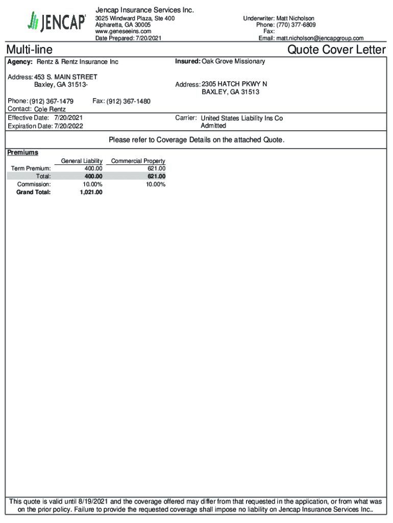 Fillable Online Multi-line Quote Cover Letter Fax Email Print - pdfFiller