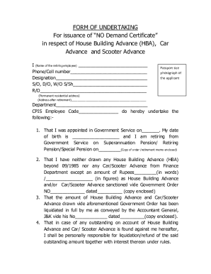 Fillable Online jkdat nic FORM OF UNDERTAKING For issuance of NO Demand Certificate ... Fax ...