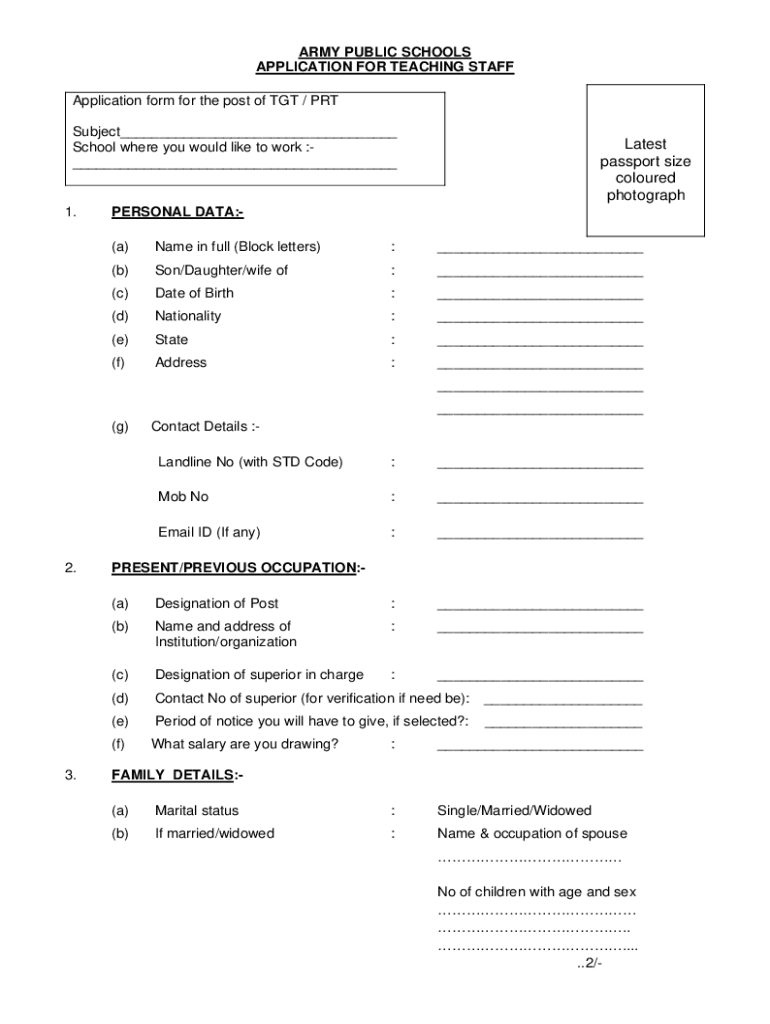 Fillable Online Application Form For The Post of TGT/PRT/Music Teacher, Art ... Fax Email Print ...