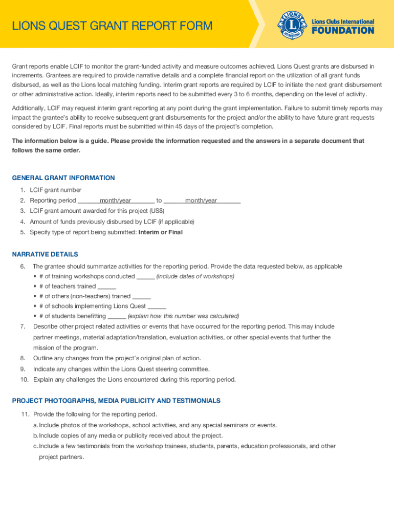 Fillable Online LIONS QUEST GRANT REPORT FORM Fax Email Print - pdfFiller
