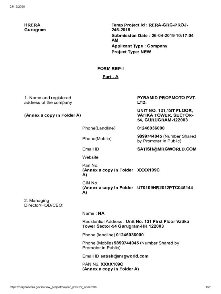 Fillable Online HRERA Gurugram Temp Project Id : RERA-GRG-PROJ-125 ... Fax Email Print - pdfFiller