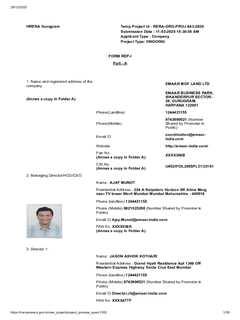Fillable Online HRERA Gurugram Temp Project Id : RERA-GRG-PROJ-643 ... Fax Email Print - pdfFiller