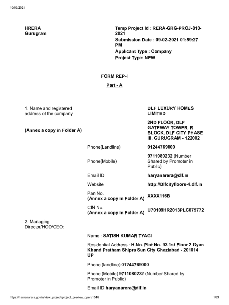 Fillable Online HRERA Gurugram Temp Project Id : RERA-GRG-PROJ-810 Fax ...