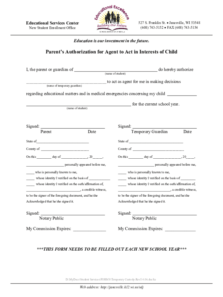 Fillable Online Parent's Authorization for Agent to Act in Interests of Child Fax Email Print ...