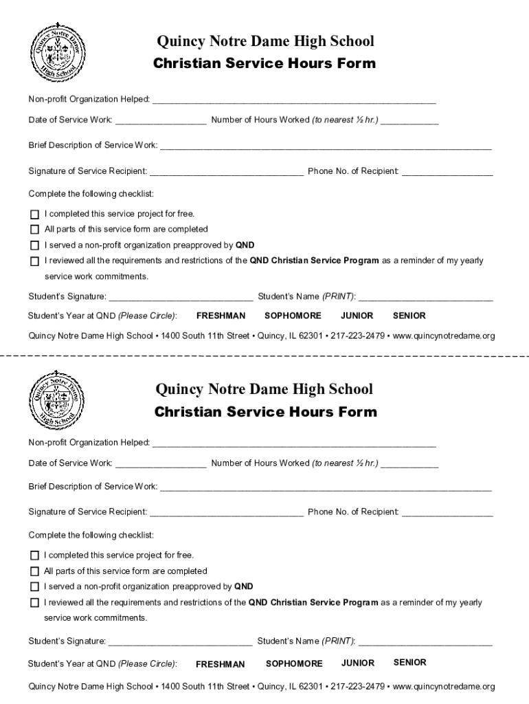 Fillable Online Quincy Notre Dame High School - Christian Service Hours ...