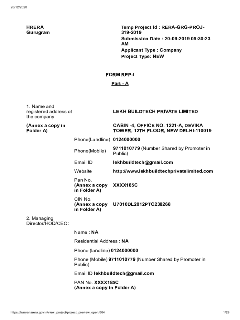 Fillable Online HRERA Gurugram Temp Project Id : RERA-GRG-PROJ-94 Fax ...