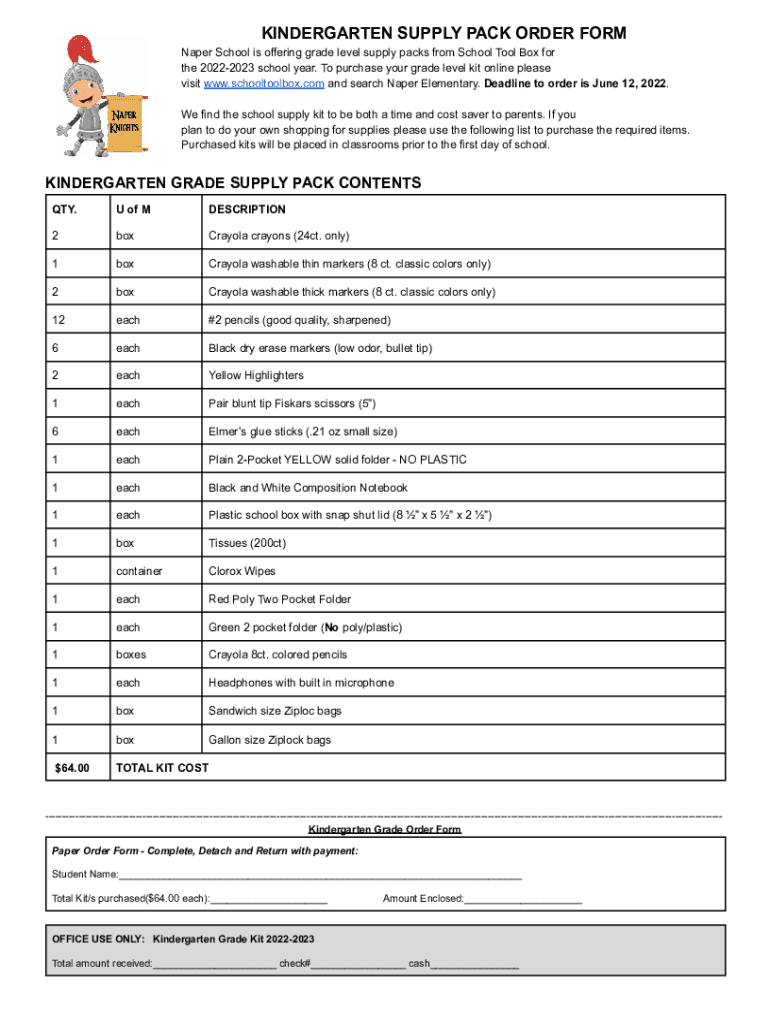 Fillable Online Kindergarten Supply Pack Order Form Fax Email Print ...