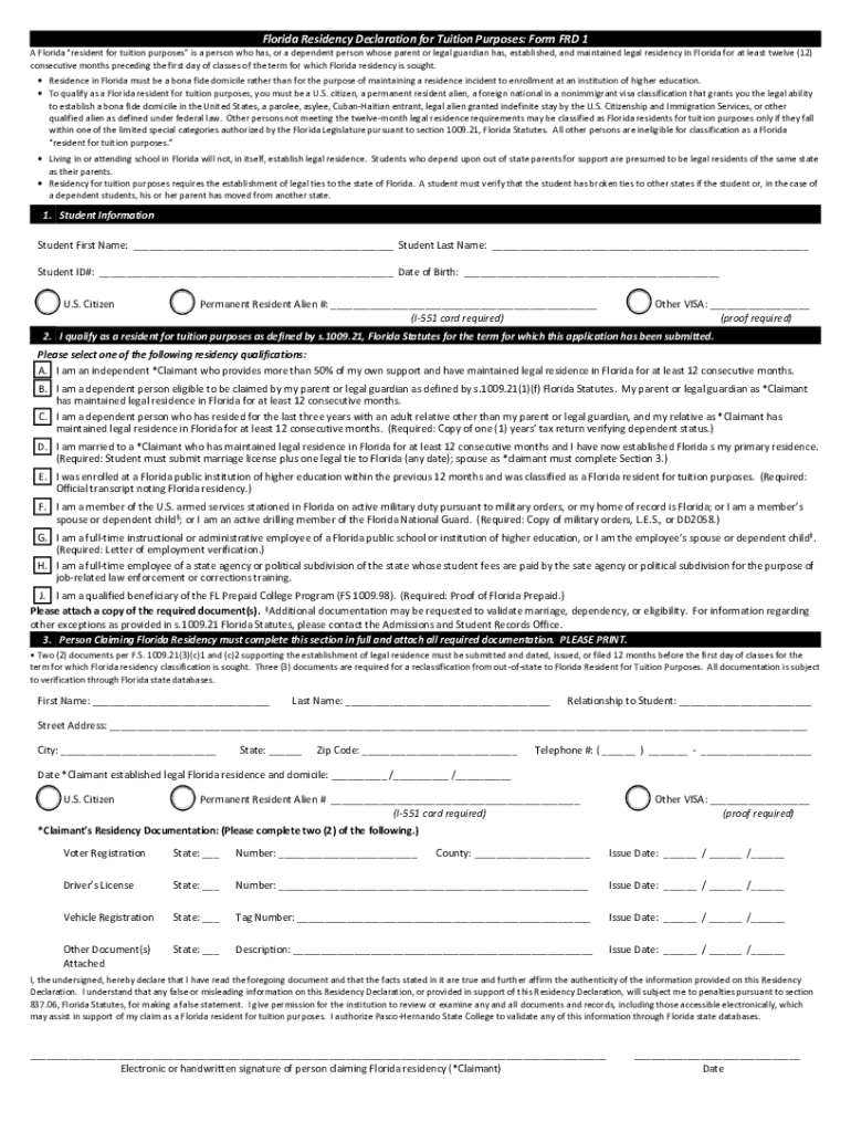 Fillable Online Florida Residency Declaration for Tuition Purposes ...