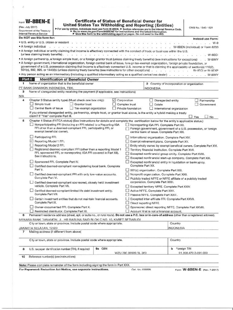 Fillable Online Form W-8BEN-E - Danamon Fax Email Print - pdfFiller