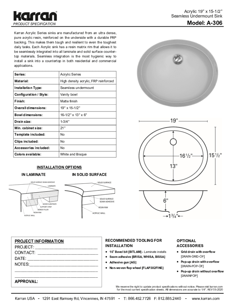 Fillable Online Karran A306 Oval Vanity Acrylic Sink Domain Industries ...