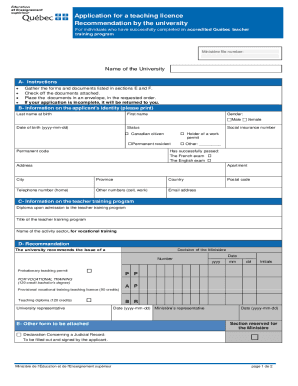 Fillable Online Application for a teaching licence - Recommendation by the university -For ...