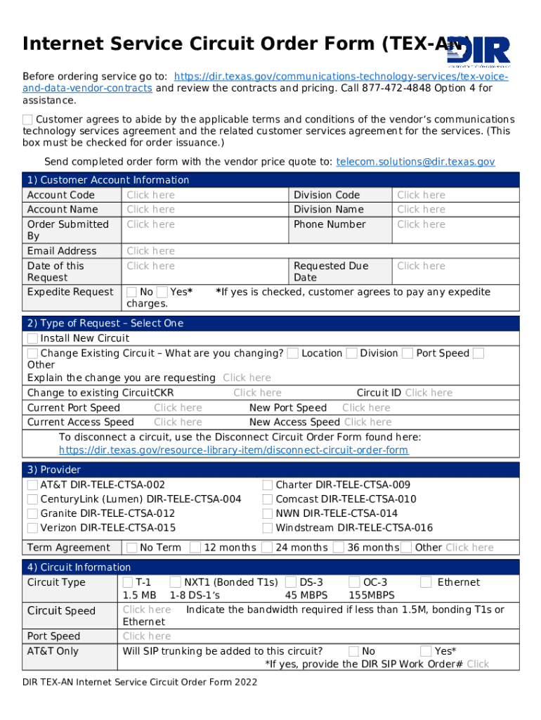 TEX-AN Internet Service Order - dir texas Doc Template | pdfFiller