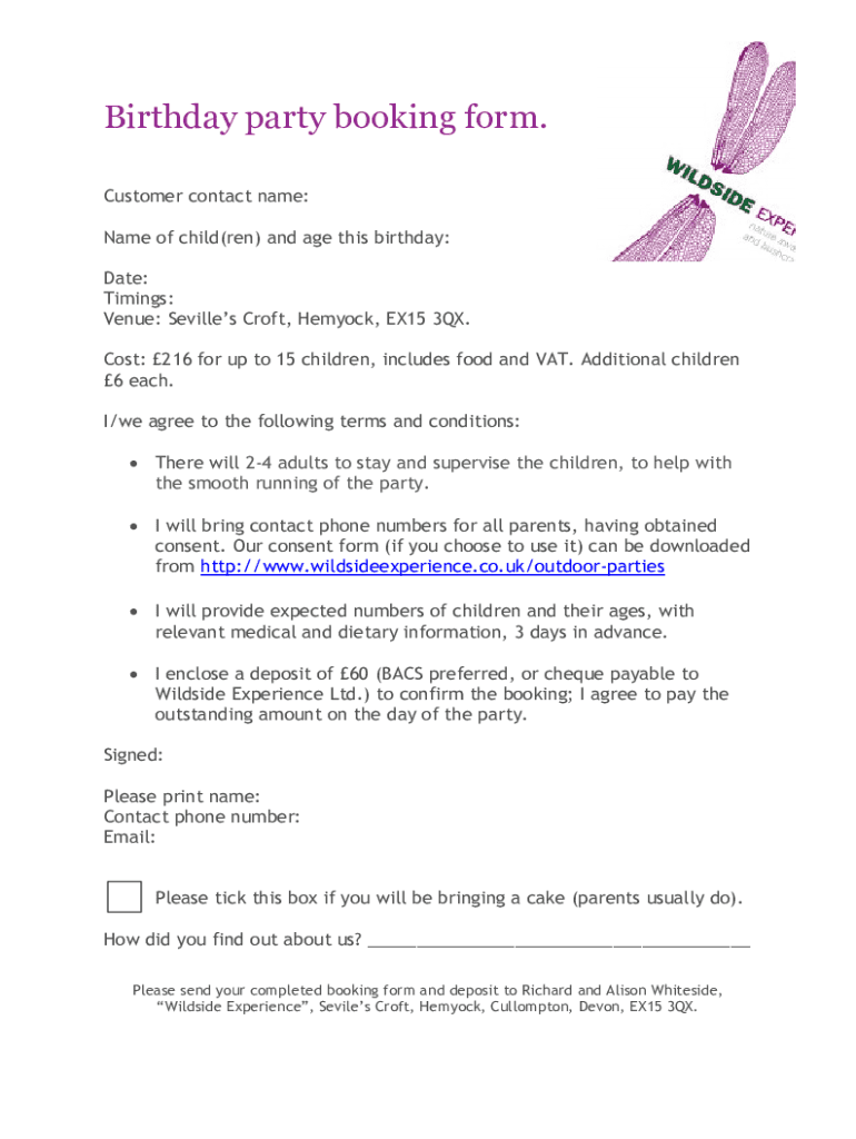 Fillable Online Birthday party booking form Fax Email Print - pdfFiller