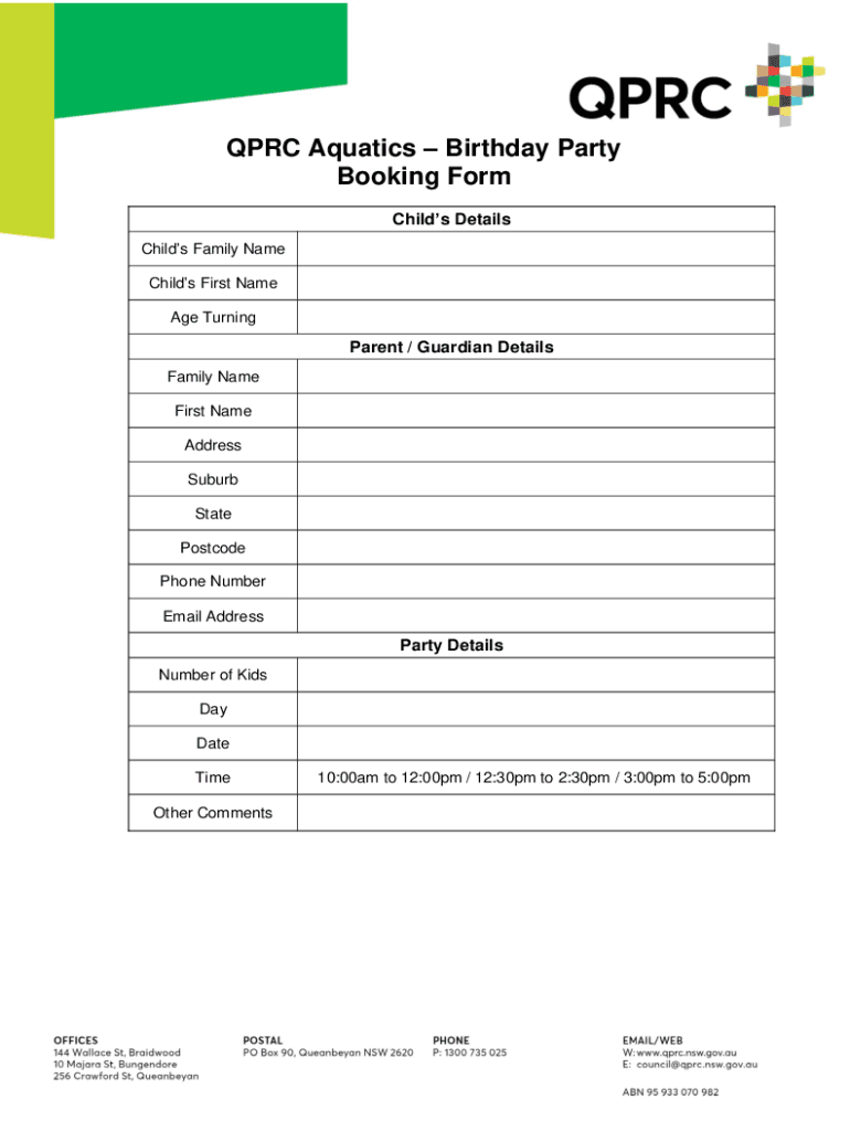 Fillable Online Birthday Party Booking Form QPRC Aquatics Fax Email ...