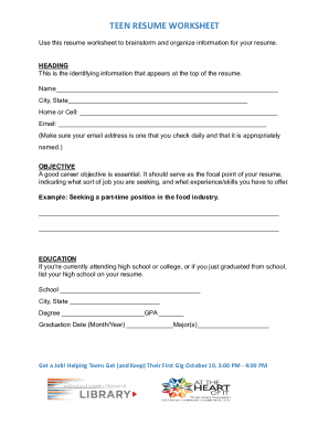 Fillable Online Teen resume worksheet Fax Email Print - pdfFiller