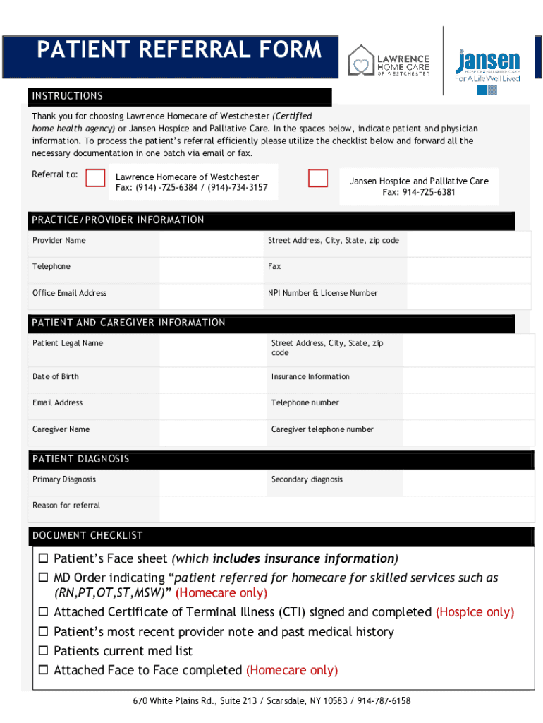 Fillable Online PATIENT REFERRAL FORM - Lawrence Home Care Fax Email ...