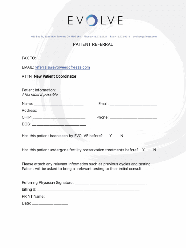 Fillable Online Fertility Treatment Patient Referral Form in Ontario, CA Fax Email Print - pdfFiller