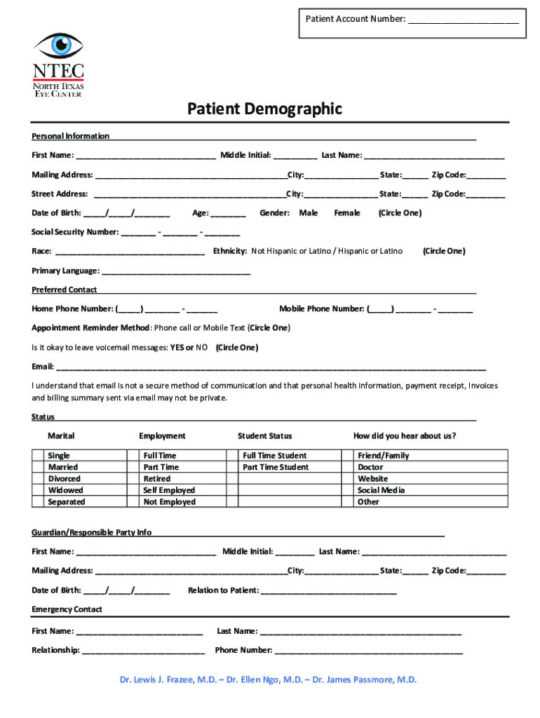Fillable Online Forma de registro de paciente nuevo - North Texas Eye ...