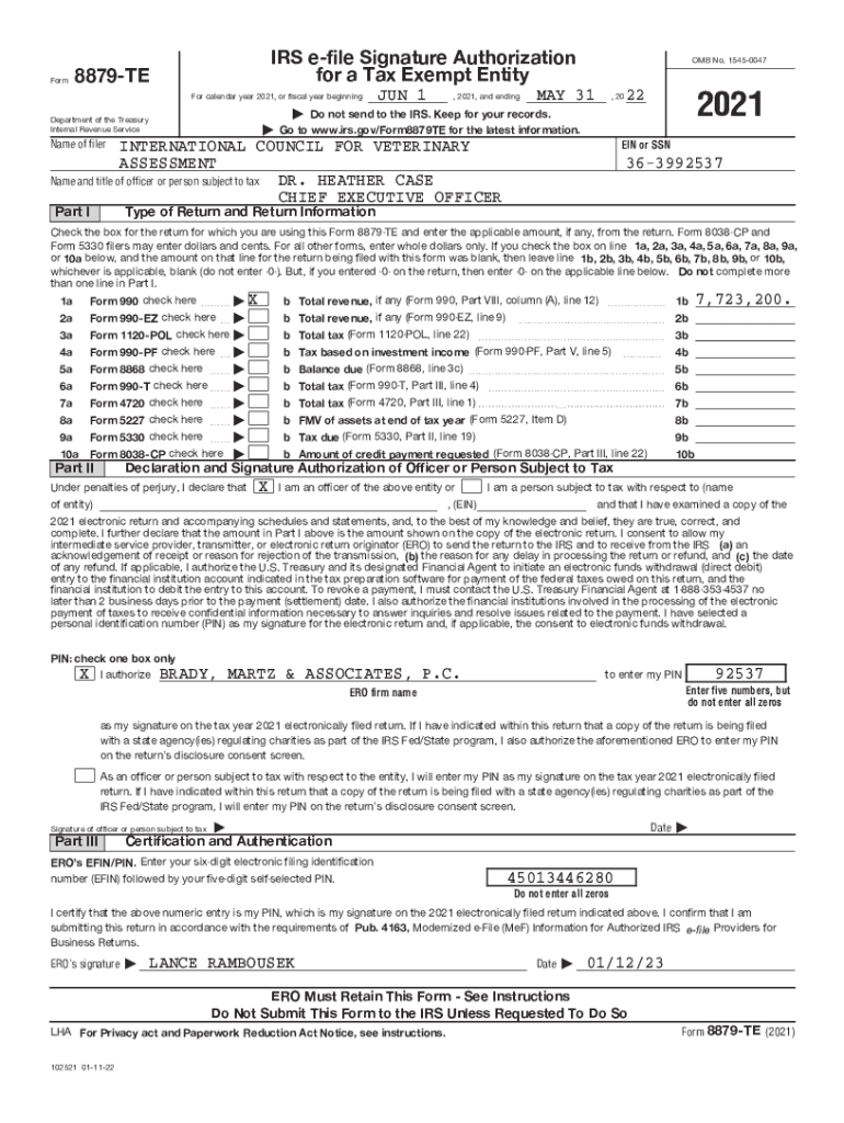 Fillable Online IRS efile Signature Authorization for a Tax Exempt ...