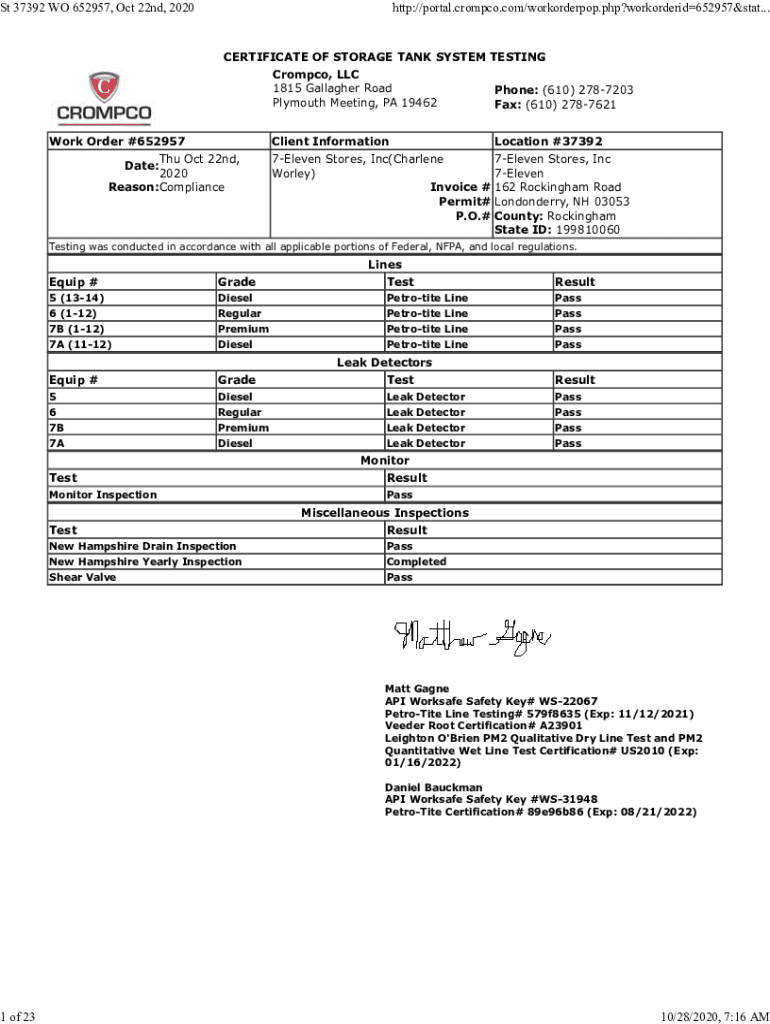 Fillable Online certificate of storage tank system testing Fax Email ...
