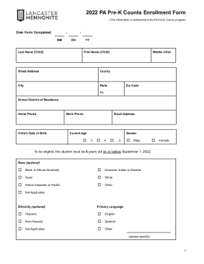 Fillable Online 2022 PA Pre-K Counts Enrollment Form.docx Fax Email ...