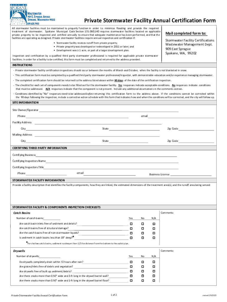 Fillable Online Private Stormwater Facility Annual Certification Form ...