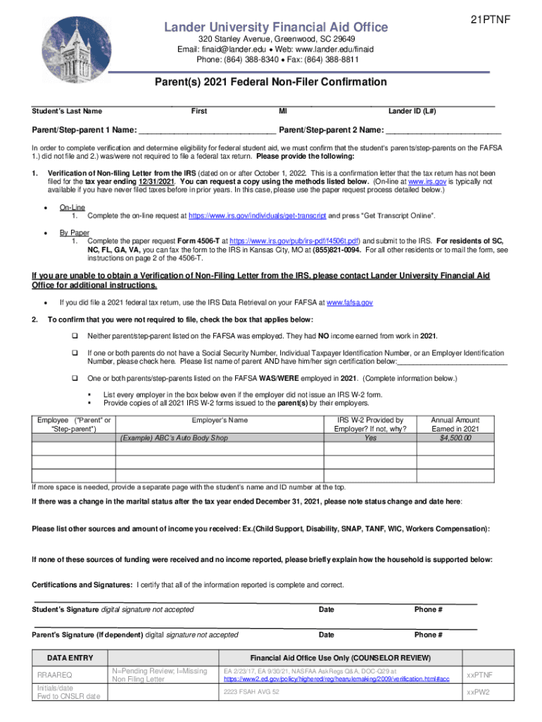 Fillable Online Parent(s) 2021 Federal Non-Filer Confirmation Fax Email ...