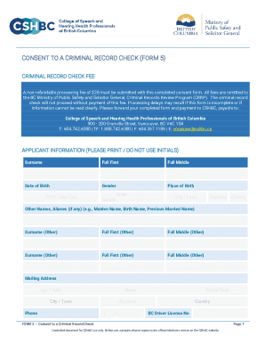 Fillable Online CONSENT TO A CRIMINAL RECORD CHECK (FORM 5) Fax Email ...
