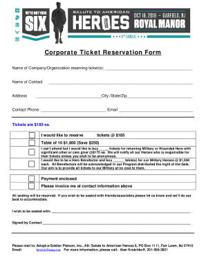 Fillable Online Corporate Ticket Reservation Form - Adopt-a-Soldier ...