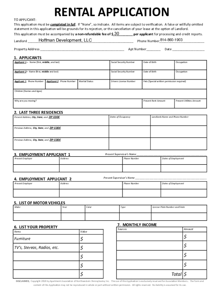 Fillable Online RENTAL APPLICATION - Hoffman United Fax Email Print ...