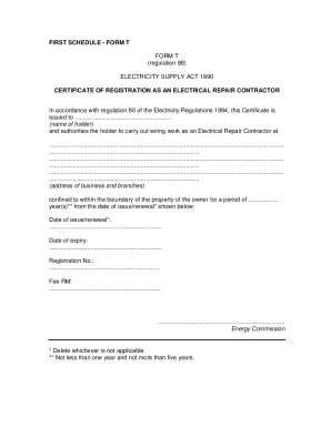 Fillable Online FIRST SCHEDULE - FORM T FORM T (regulation 88 ...
